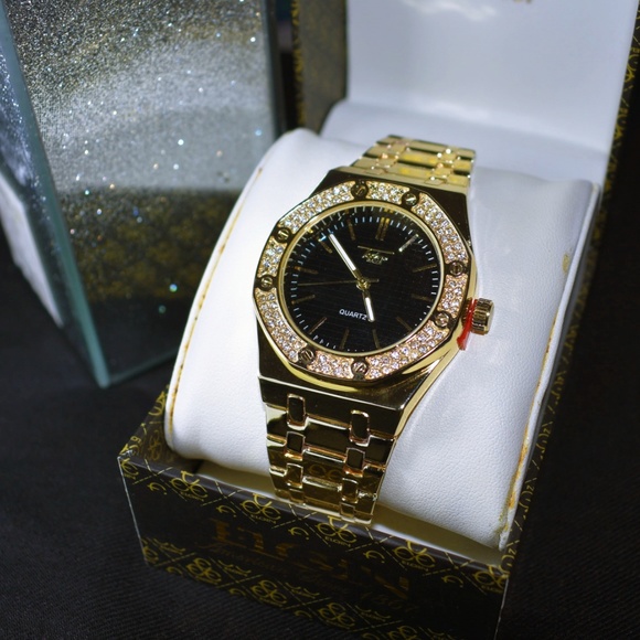 Accessories | Iced Out Octagon Shaped Black Face Dial Watch | Poshmark